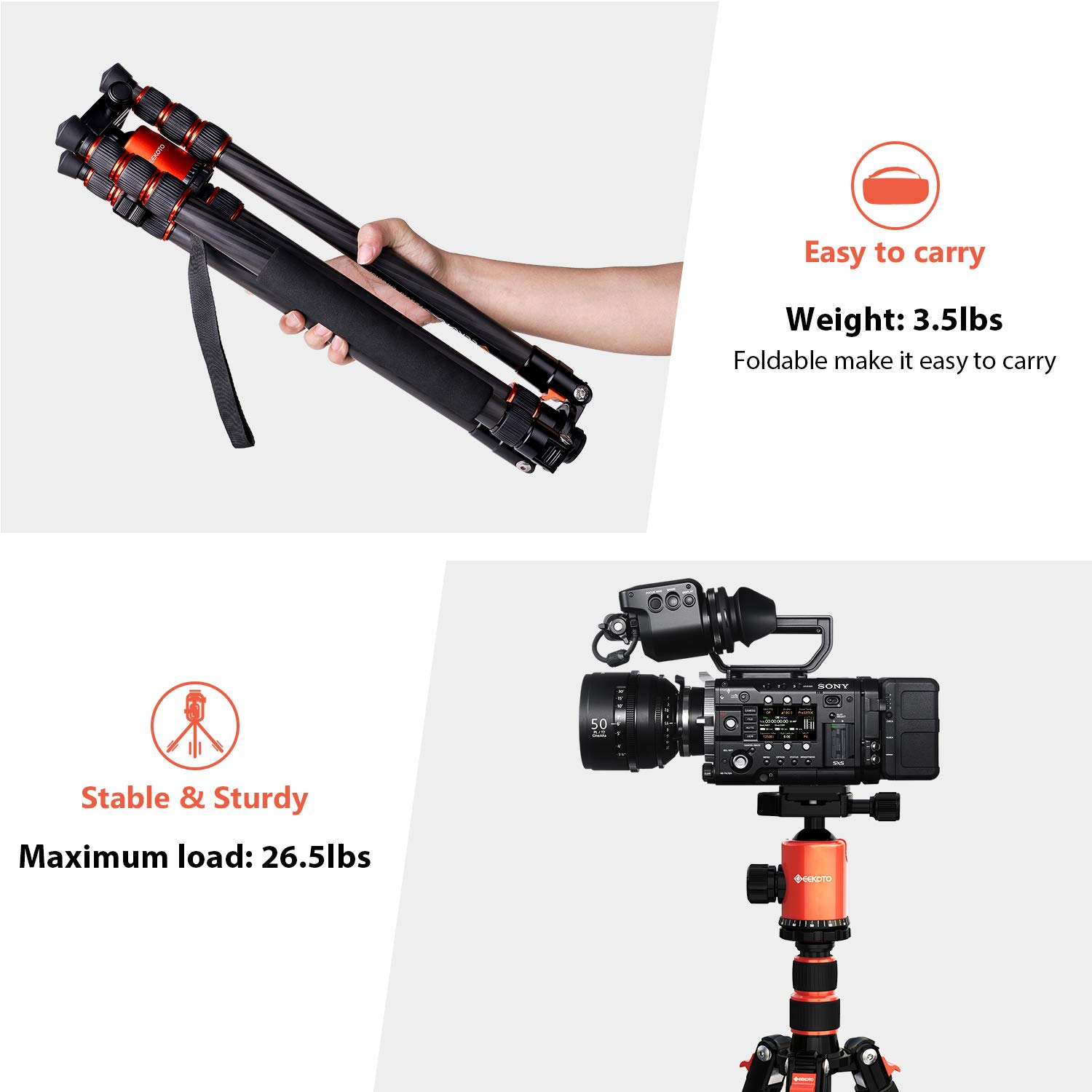 GEEKOTO 79 inches Carbon Fiber Camera Tripod Monopod with 360 Degree Ball Head 1/4 inch Quick Shoe Plate Professional Tripod Load up to 26.5 pounds