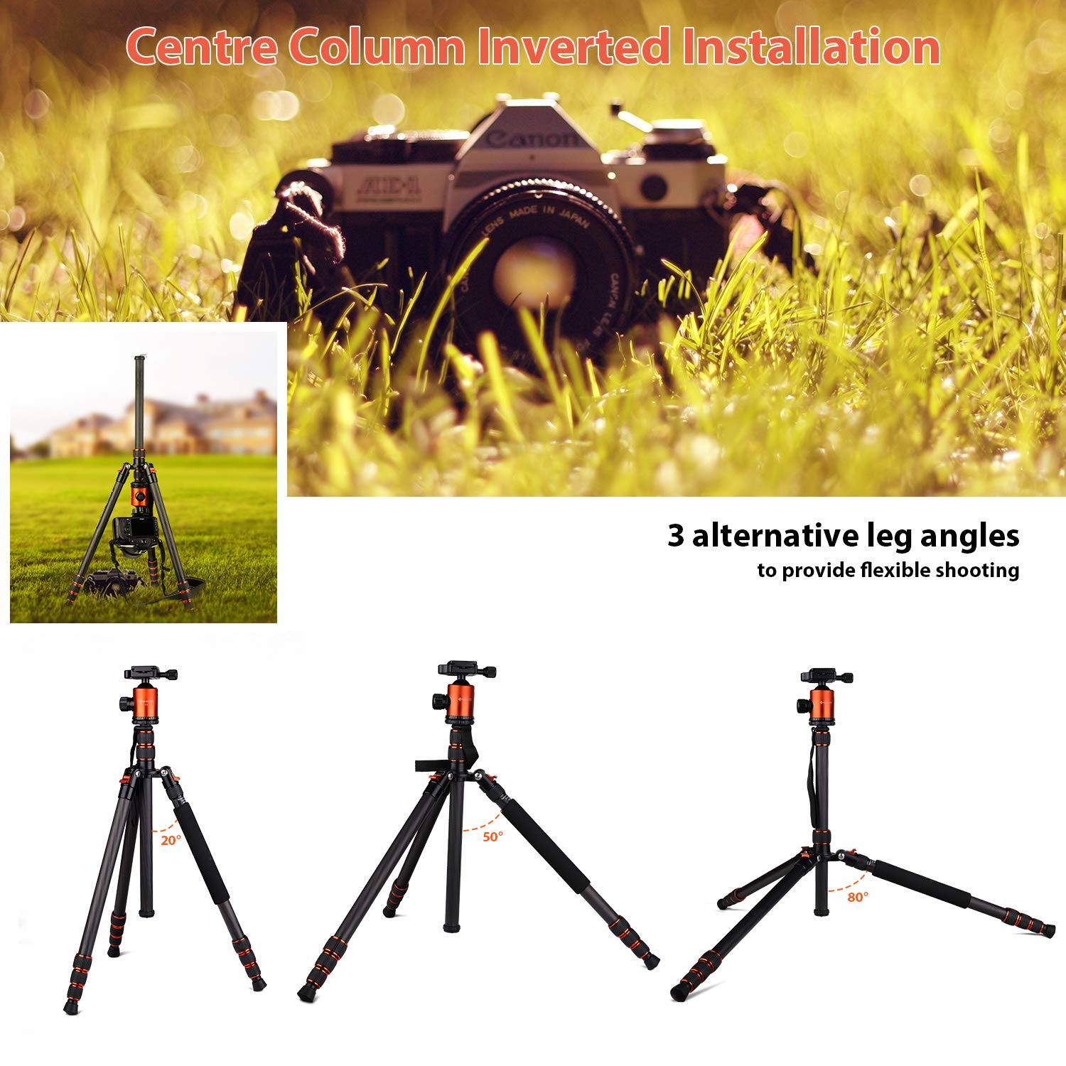 GEEKOTO 79 inches Carbon Fiber Camera Tripod Monopod with 360 Degree Ball Head 1/4 inch Quick Shoe Plate Professional Tripod Load up to 26.5 pounds