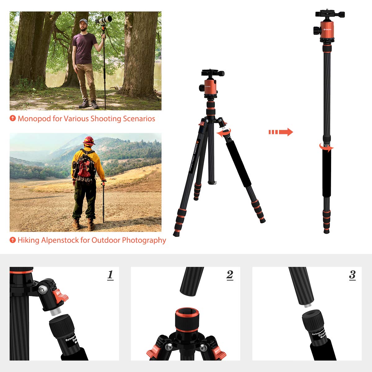 GEEKOTO 79 inches Carbon Fiber Camera Tripod Monopod with 360 Degree Ball Head 1/4 inch Quick Shoe Plate Professional Tripod Load up to 26.5 pounds