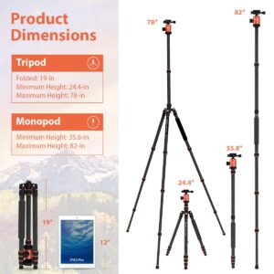 GEEKOTO 79 inches Carbon Fiber Camera Tripod Monopod with 360 Degree Ball Head 1/4 inch Quick Shoe Plate Professional Tripod Load up to 26.5 pounds