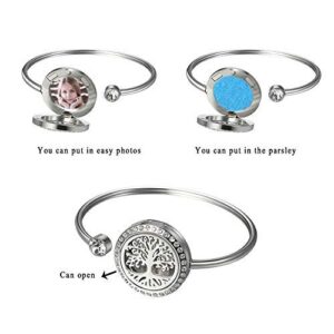 Cupimatch Adjustable Tree of Life Essential Oil Diffuser Bracelet, Stainless Steel CZ Aromatherapy Locket Bangle 8 Color Pads Jewelry Set for Women Girl Gifts (Tree)