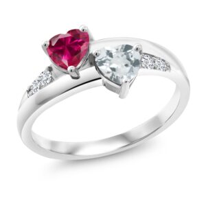 gem stone king 925 sterling silver red created ruby sky blue aquamarine and lab grown diamond women engagement ring (1.06 cttw, heart shape 5mm, available in size 5, 6, 7, 8, 9)