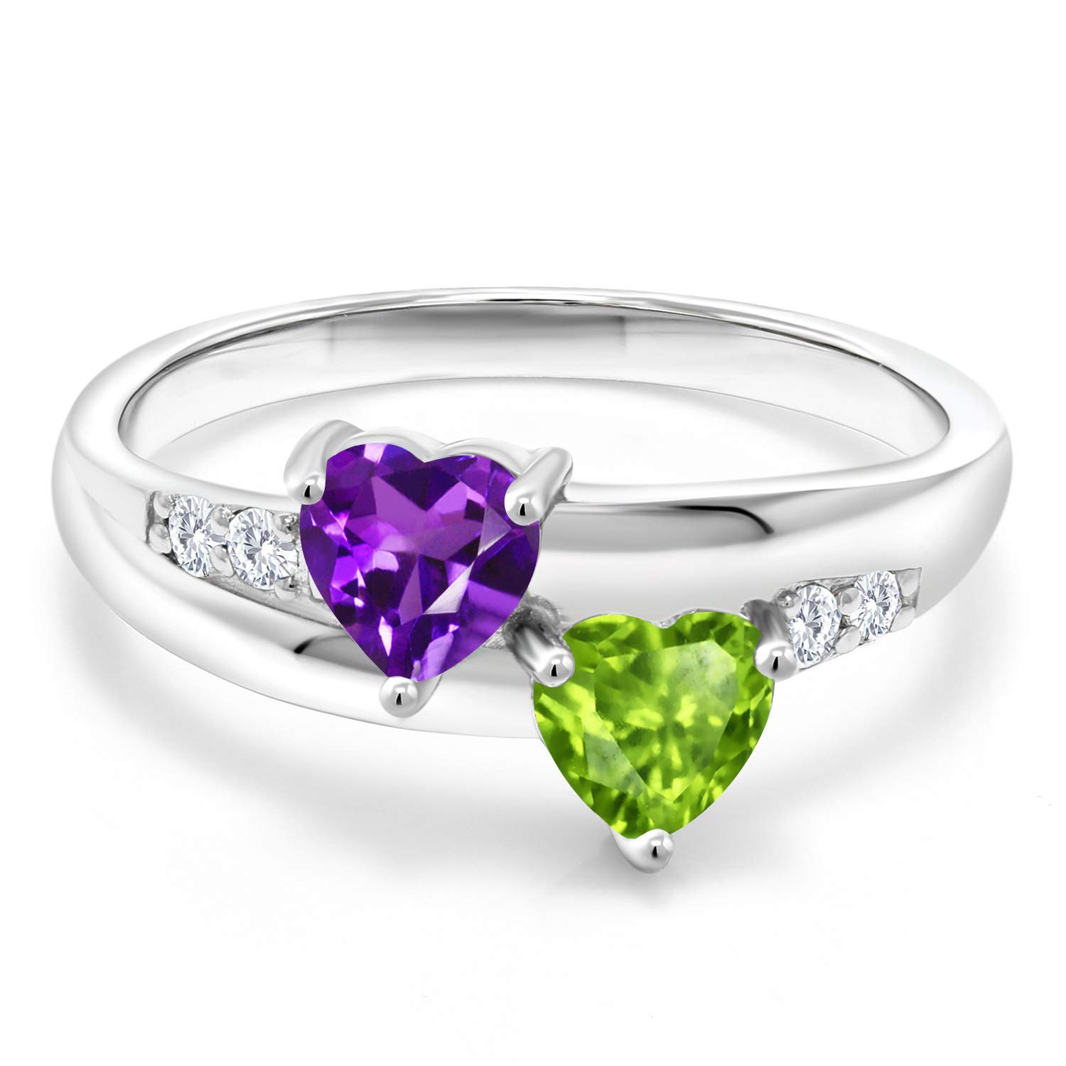 Gem Stone King 925 Sterling Silver Purple Amethyst Green Peridot and White Lab Grown Diamond Ring For Women (0.98 Cttw, Heart Shape 5MM, Gemstone Birthstone, Available In Size 5, 6, 7, 8, 9)