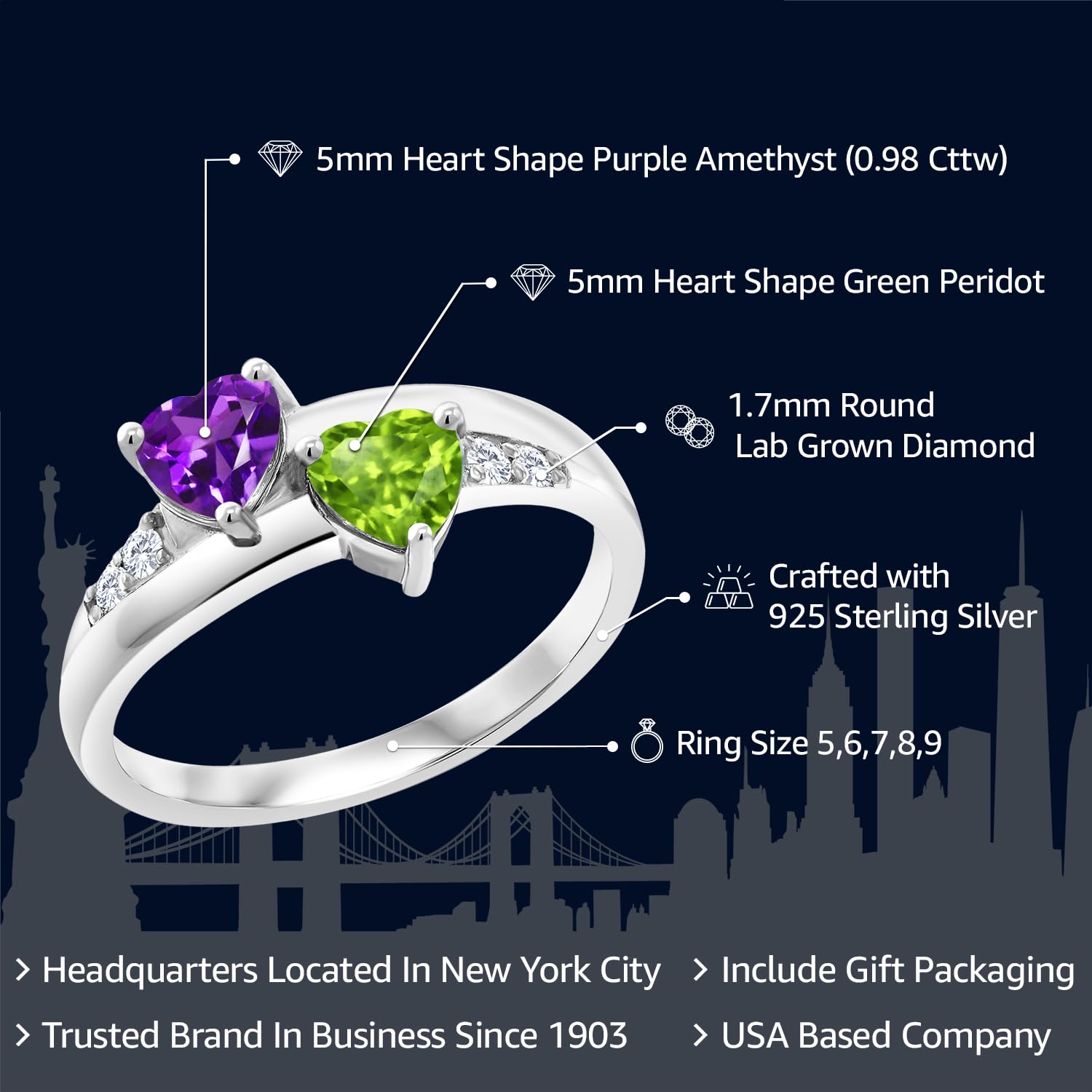 Gem Stone King 925 Sterling Silver Purple Amethyst Green Peridot and White Lab Grown Diamond Ring For Women (0.98 Cttw, Heart Shape 5MM, Gemstone Birthstone, Available In Size 5, 6, 7, 8, 9)