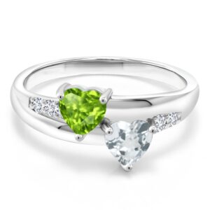 Gem Stone King 925 Sterling Silver Green Peridot Sky Blue Aquamarine and White Lab Grown Diamond Ring For Women (0.96 Cttw, Heart Shape 5MM, Available in size 5, 6, 7, 8, 9)