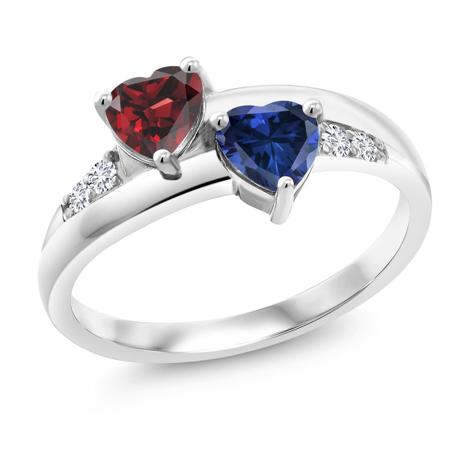 Gem Stone King 925 Sterling Silver Red Garnet and Blue Created Sapphire and Lab Grown Diamond Women Engagement Ring (1.24 Cttw. Heart Shape 5MM, Available in size 5, 6, 7, 8, 9)