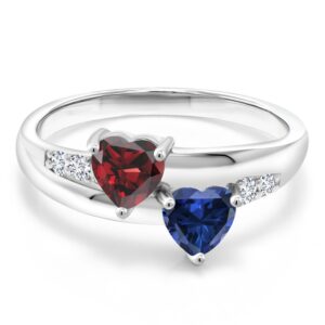 Gem Stone King 925 Sterling Silver Red Garnet and Blue Created Sapphire and Lab Grown Diamond Women Engagement Ring (1.24 Cttw. Heart Shape 5MM, Available in size 5, 6, 7, 8, 9)