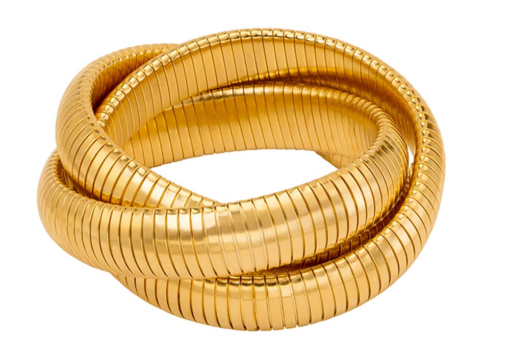 JANIS BY JANIS SAVITT Triple Cobra Bracelet - 1 1/2 Inch Wide Flexible Stretch Bands Bangle High Polished Gold Made in USA