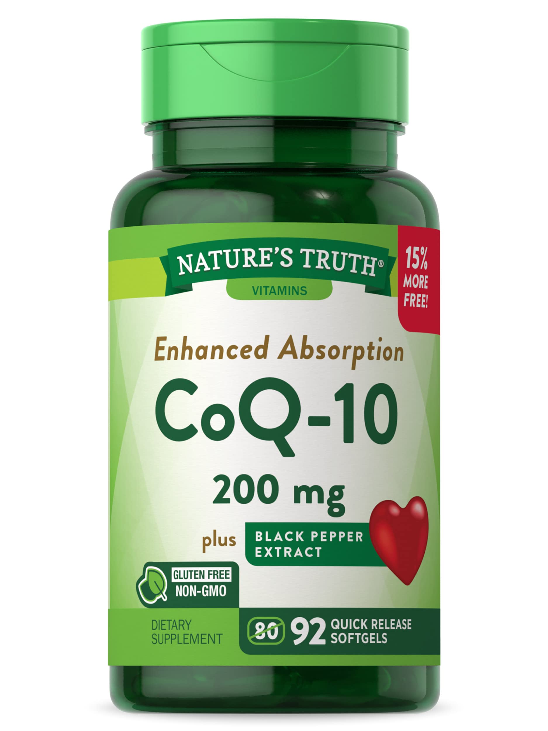 CoQ10 200 mg Softgels | 92 Count | Enhanced Absorption Supplement | with Black Pepper Extract | Non-GMO, Gluten Free Supplement | by Nature's Truth