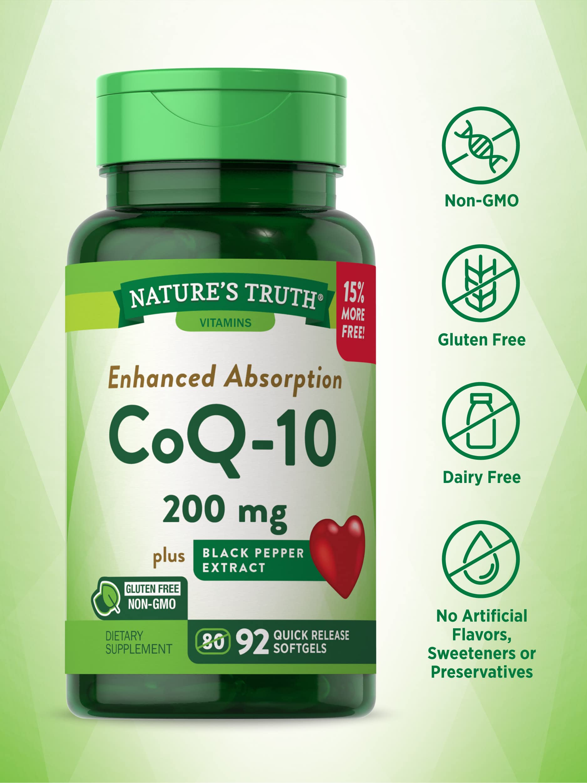 CoQ10 200 mg Softgels | 92 Count | Enhanced Absorption Supplement | with Black Pepper Extract | Non-GMO, Gluten Free Supplement | by Nature's Truth