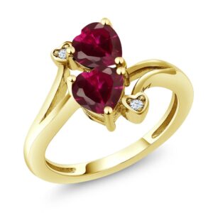 gem stone king 10k yellow gold red created ruby 2 heart shape engagement ring for women (1.95 cttw, available in size 5, 6, 7, 8, 9)