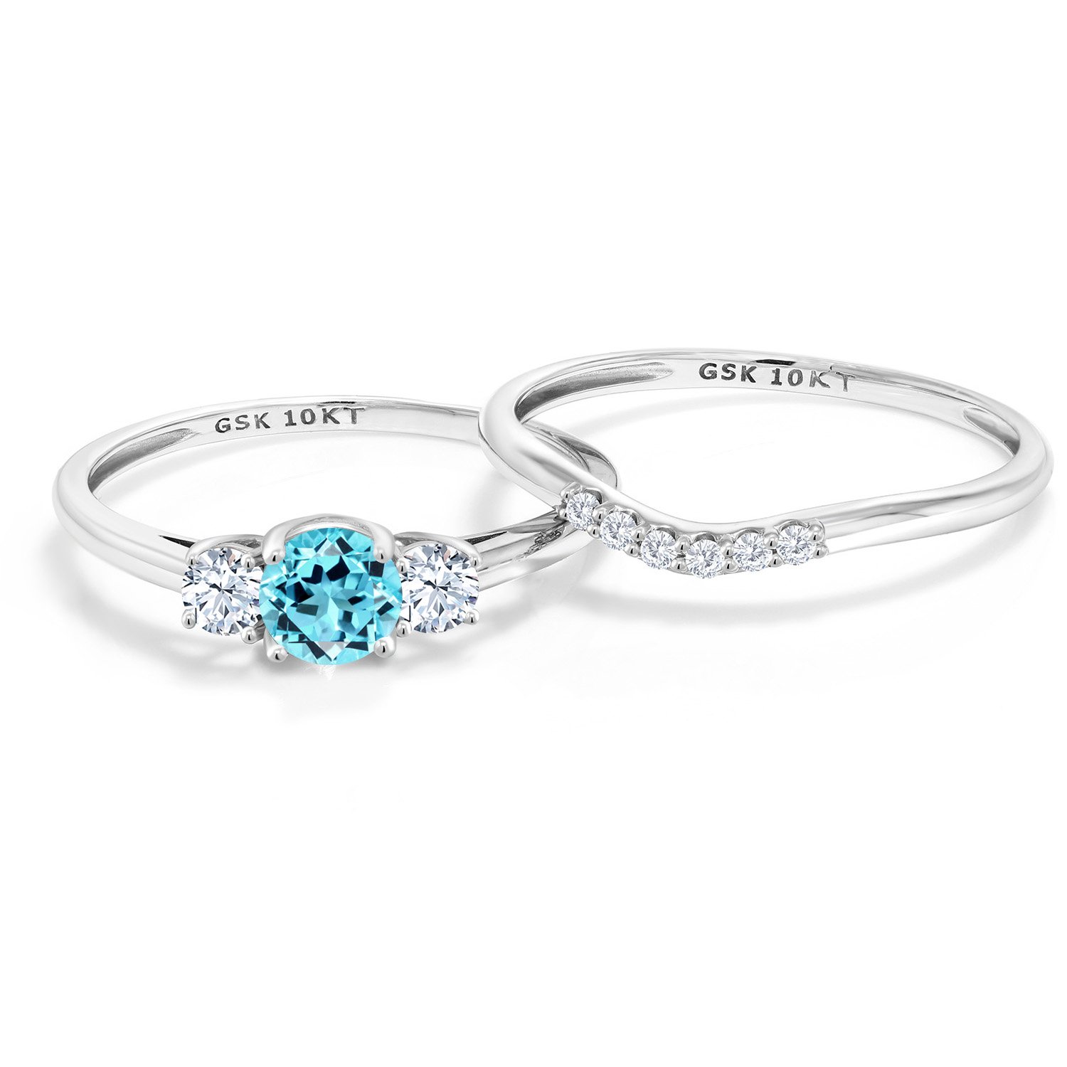 10K White Gold Swiss Blue Topaz and White Created Sapphire and White Lab Grown Diamond 3-Stone Bridal Engagement Wedding Ring Set For Women (0.88 Cttw, Gemstone November Birthstone, Round 5MM, Size 7)