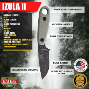 ESEE Knives, Neck Knife Fixed Blade, 2.875" 1095 Carbon Blade, Black Oxide Coating, Micarta Handle, Sheath