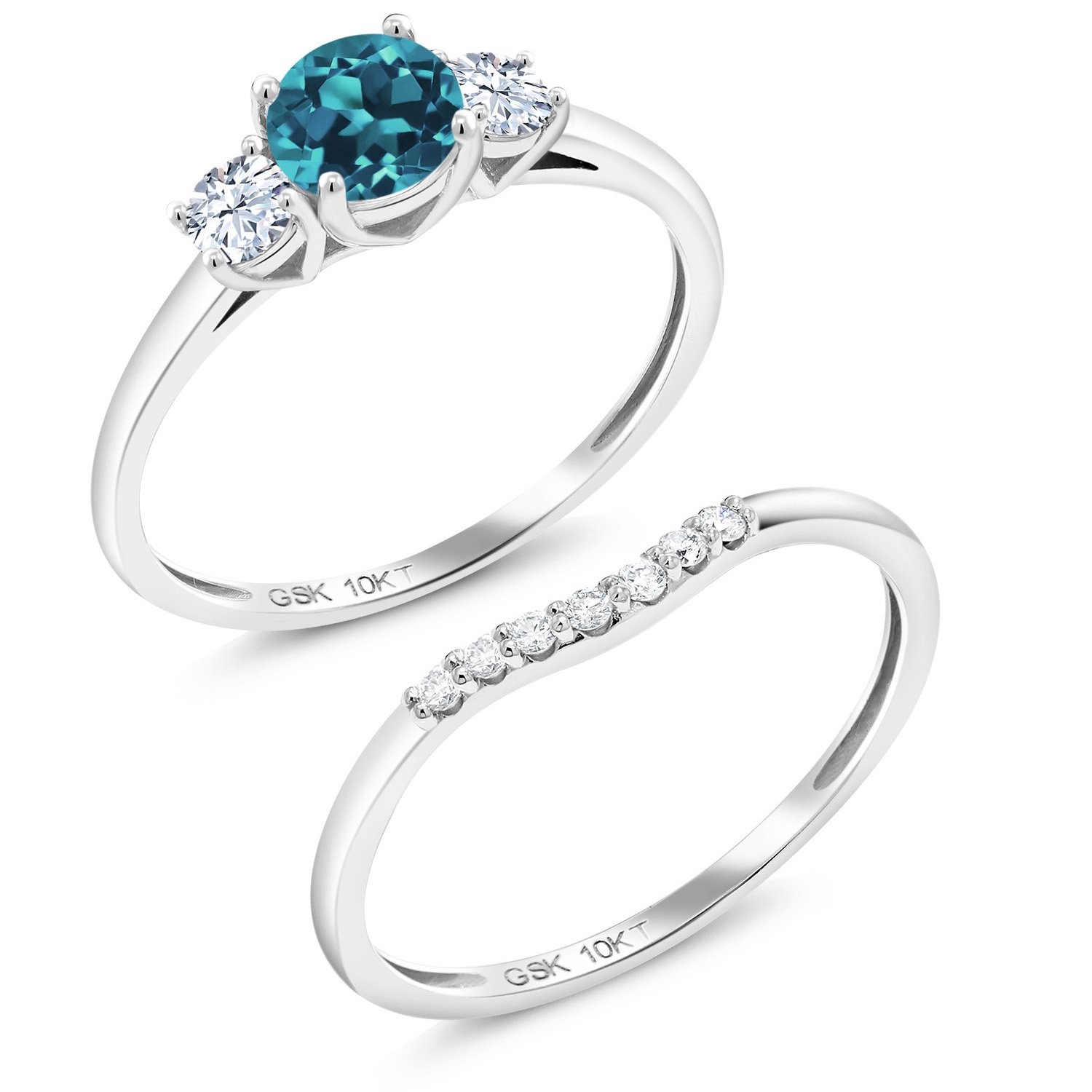 10K White Gold London Blue Topaz and White Created Sapphire and White Lab Grown Diamond 3-Stone Bridal Engagement Wedding Ring Set For Women (0.83 Cttw, November Birthstone, Round 5MM, Size 8)