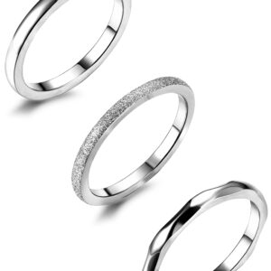 JOERICA 3Pcs 2mm Stainless Steel Women's Stackable Eternity Ring Band Engagement Wedding Ring Set 4-9 (Stainless-Steel, Silver Tone, 7)