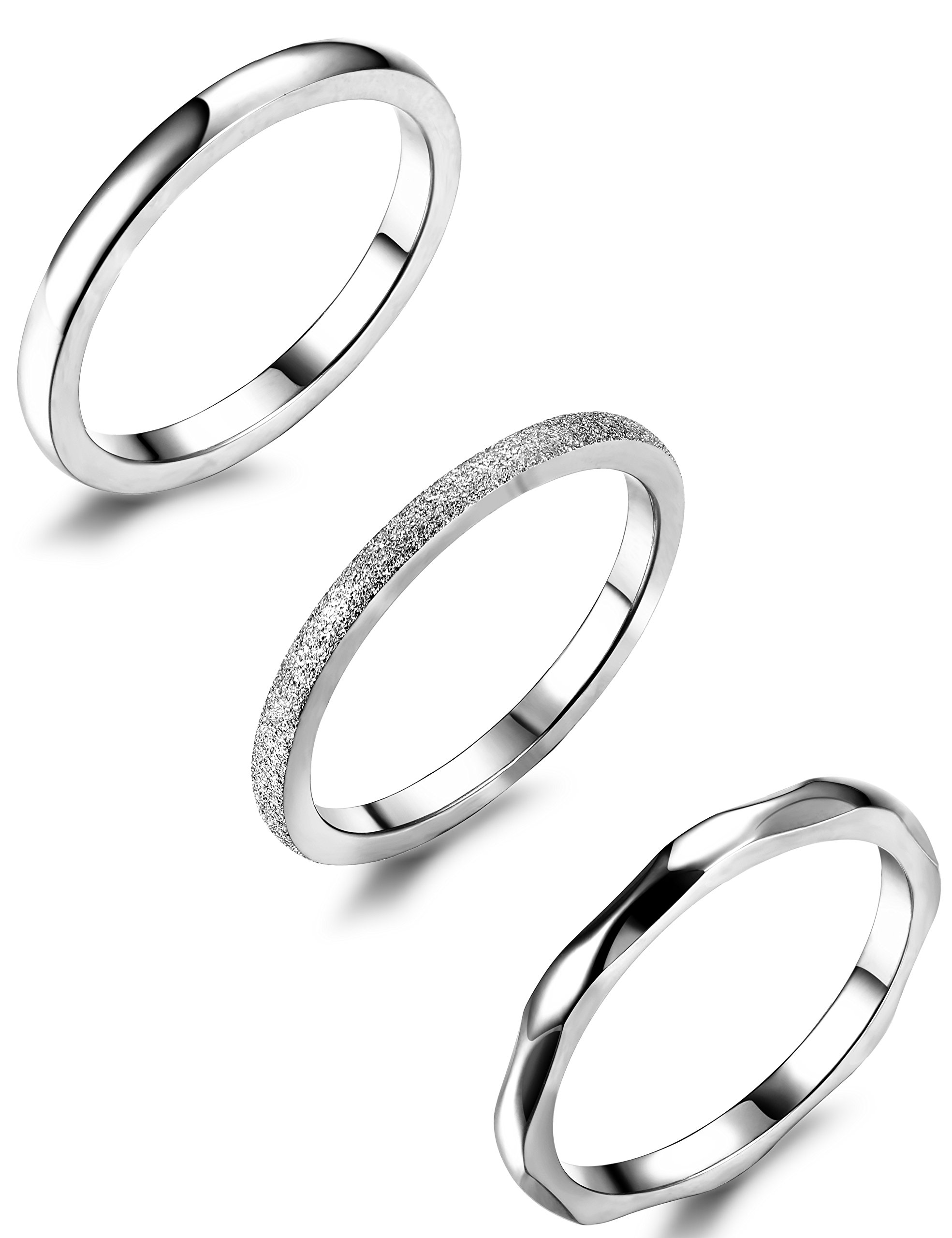 JOERICA 3Pcs 2mm Stainless Steel Women's Stackable Eternity Ring Band Engagement Wedding Ring Set 4-9 (Stainless-Steel, Silver Tone, 7)