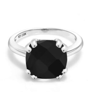 gem stone king 3.60 cttw black onyx engagement ring for women in 925 sterling silver | double prong gemstone birthstone ring | cushion checkerboard 10mm | available in size 5, 6, 7, 8, 9