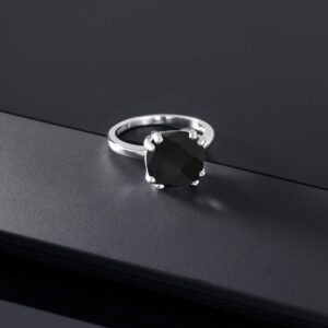 Gem Stone King 3.60 Cttw Black Onyx Engagement Ring For Women In 925 Sterling Silver | Double Prong Gemstone Birthstone Ring | Cushion Checkerboard 10MM | Available In Size 5, 6, 7, 8, 9