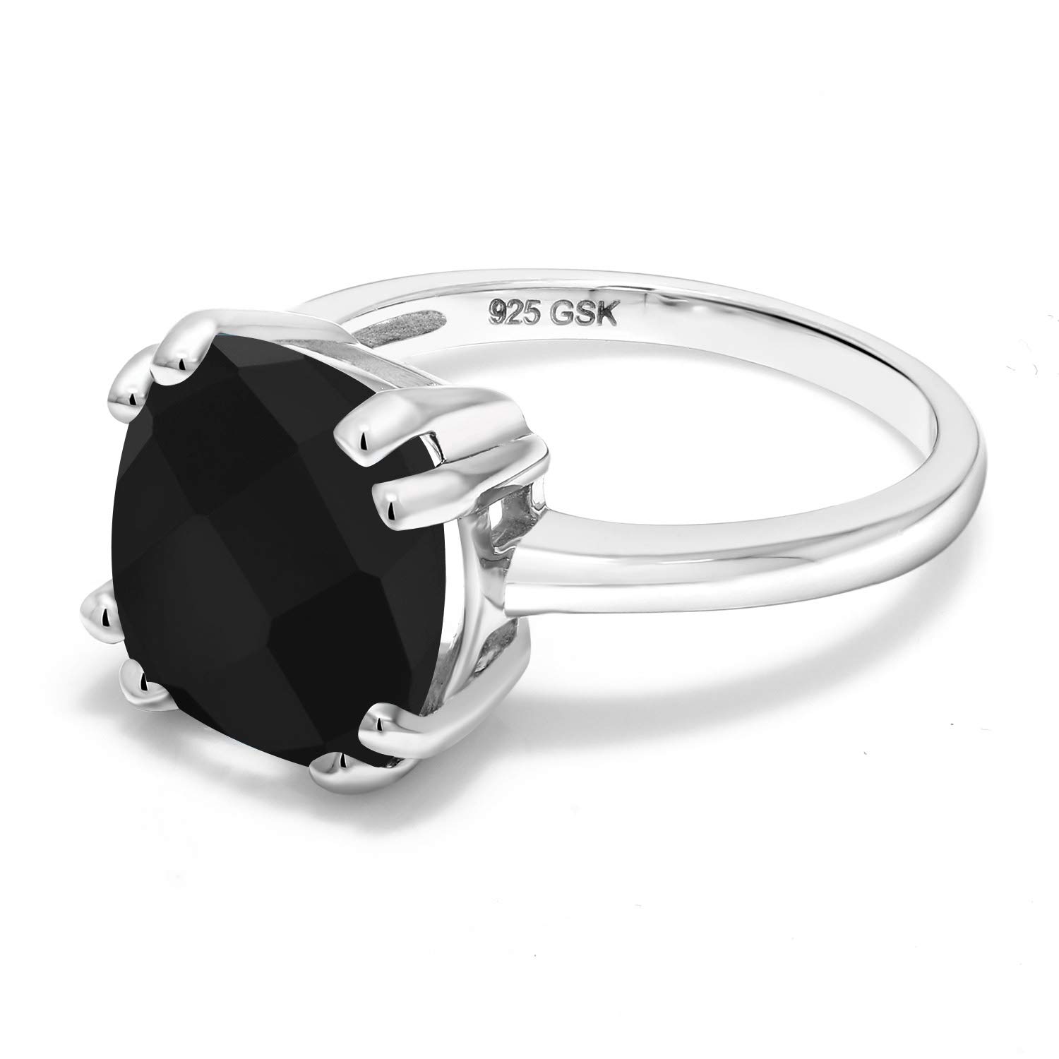 Gem Stone King 3.60 Cttw Black Onyx Engagement Ring For Women In 925 Sterling Silver | Double Prong Gemstone Birthstone Ring | Cushion Checkerboard 10MM | Available In Size 5, 6, 7, 8, 9