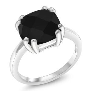 Gem Stone King 3.60 Cttw Black Onyx Engagement Ring For Women In 925 Sterling Silver | Double Prong Gemstone Birthstone Ring | Cushion Checkerboard 10MM | Available In Size 5, 6, 7, 8, 9