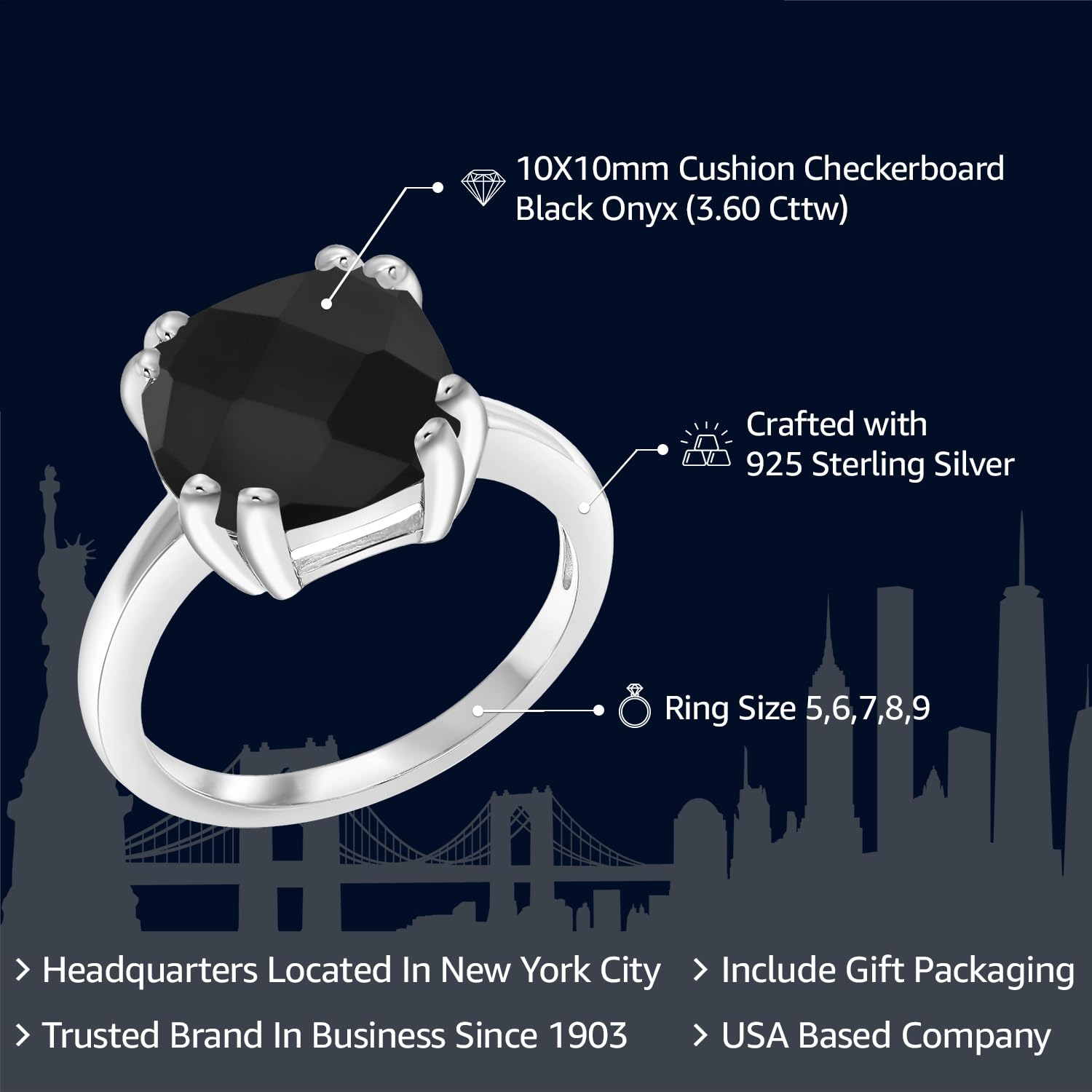 Gem Stone King 3.60 Cttw Black Onyx Engagement Ring For Women In 925 Sterling Silver | Double Prong Gemstone Birthstone Ring | Cushion Checkerboard 10MM | Available In Size 5, 6, 7, 8, 9