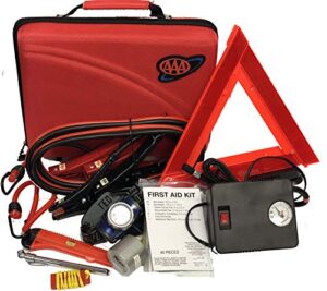 lifeline aaa 4365aaa destination road, 68 piece emergency car tire inflator, jumper cables, headlamp, warning triangle and first aid kit