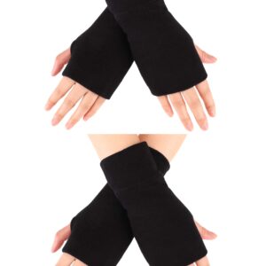 2 Pairs Fingerless Gloves Women Man Stretchy Knitted Gloves Thumb Hole Mittens Wrist Length Arm Warmers (Black, Black)