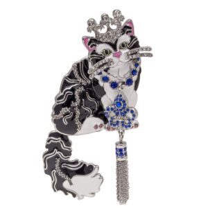 ritzy couture women's enamel princess kitty crystal crown drop dangle chain tassel pin pendant (silvertone) - cat dangling ornament (black)