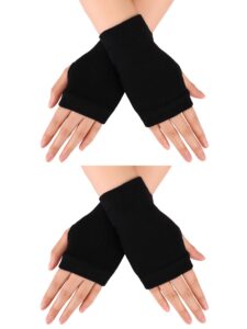 blulu fingerless warm gloves with thumb hole cozy half fingerless driving gloves knit mittens for men, women (black, 2 pairs)