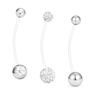 hoeudjo 14g 1 1/2 inch cz sports pregnancy maternity flexible bioplast long belly button rings navel retainer body piercing set of 3 silver