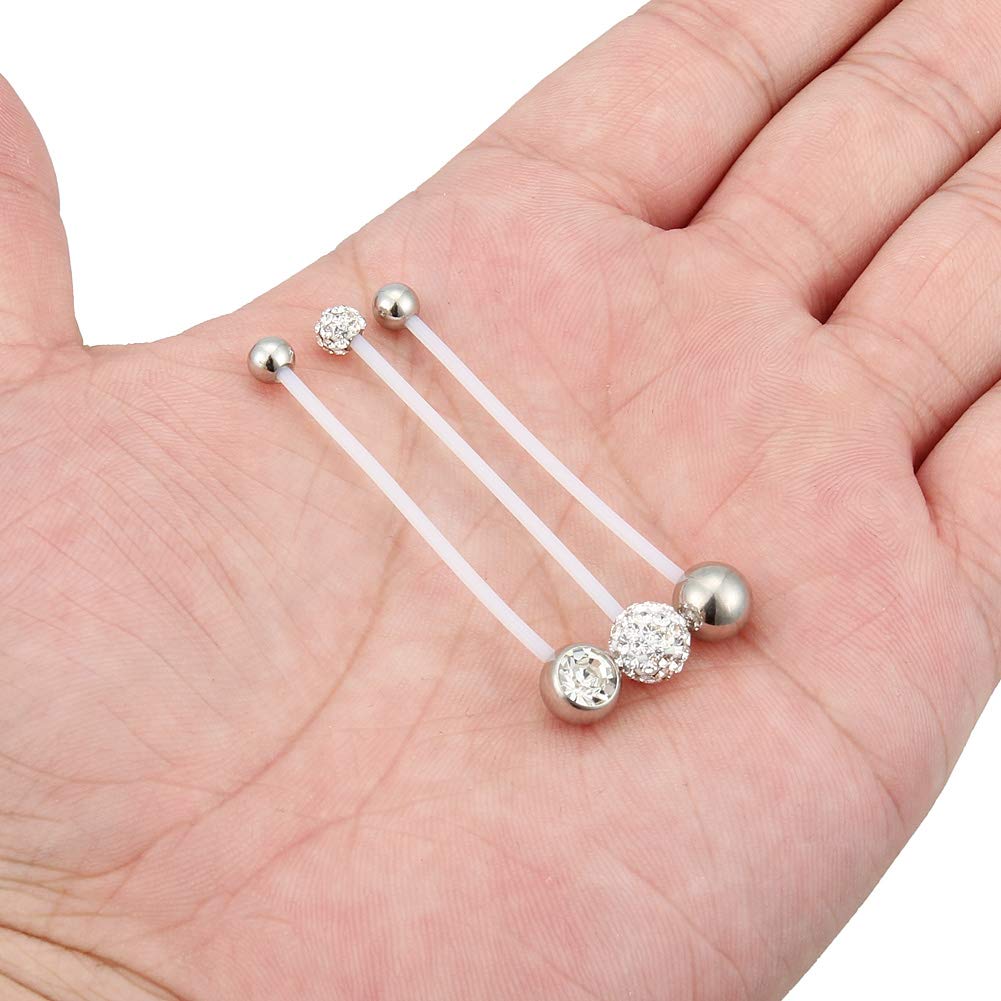 Hoeudjo 14G 1 1/2 Inch CZ Sports Pregnancy Maternity Flexible Bioplast Long Belly Button Rings Navel Retainer Body Piercing Set of 3 Silver