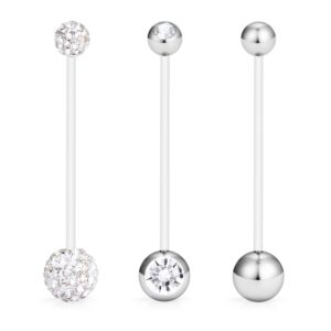 Hoeudjo 14G 1 1/2 Inch CZ Sports Pregnancy Maternity Flexible Bioplast Long Belly Button Rings Navel Retainer Body Piercing Set of 3 Silver