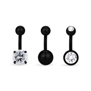 hoeudjo 3pcs 14g 1/4inch 6mm clear 4-prong-setting cz stainless steel super short petite belly button rings navel body piercing for women girls - black