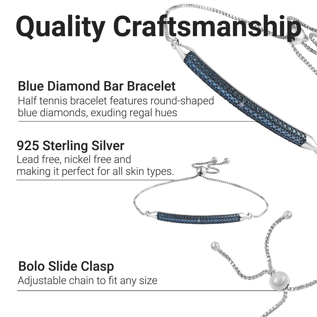 SHOP LC Blue Diamond Bar Bolo Bracelet For Women 925 Sterling Silver Platinum Plated Adjustable I3 Clarity Birthday Gifts for Women