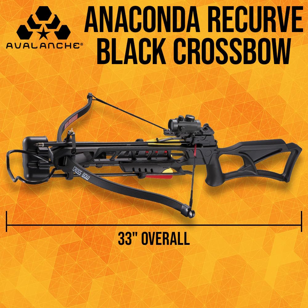 Avalanche Anaconda Recurve Crossbow Kit | 175lbs Draw Weight | Arrow Speeds Up to 245 FPS | Black Composite Stock | Red Dot Scope | Picatinny Rail Mount | Cross Bow for Hunters | 18.5” Power Stroke