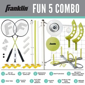 Franklin Sports Fun 5 Combo Outdoor Game Set - Backyard, Beach + Camping Games for Kids - Badminton, Volleyball, Flip Toss, Flying Disc - Horseshoes or Ring Toss