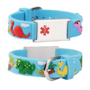 linnalove medical alert bracelets cartoon emergency id bracelets with customize engraved (blue dinosaur)