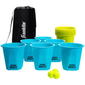 franklin sports bucketz pong game – perfect tailgate game and beach game – pong set includes 12 buckets, 3 balls, and a carry case