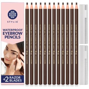 stylia eyebrow pencil set (12 pieces - dark brown), eyebrow pencil, eye brow pencils for women makeup, microblading long lasting eyebrow pencil liners for marking, filling and outlining eyebrow