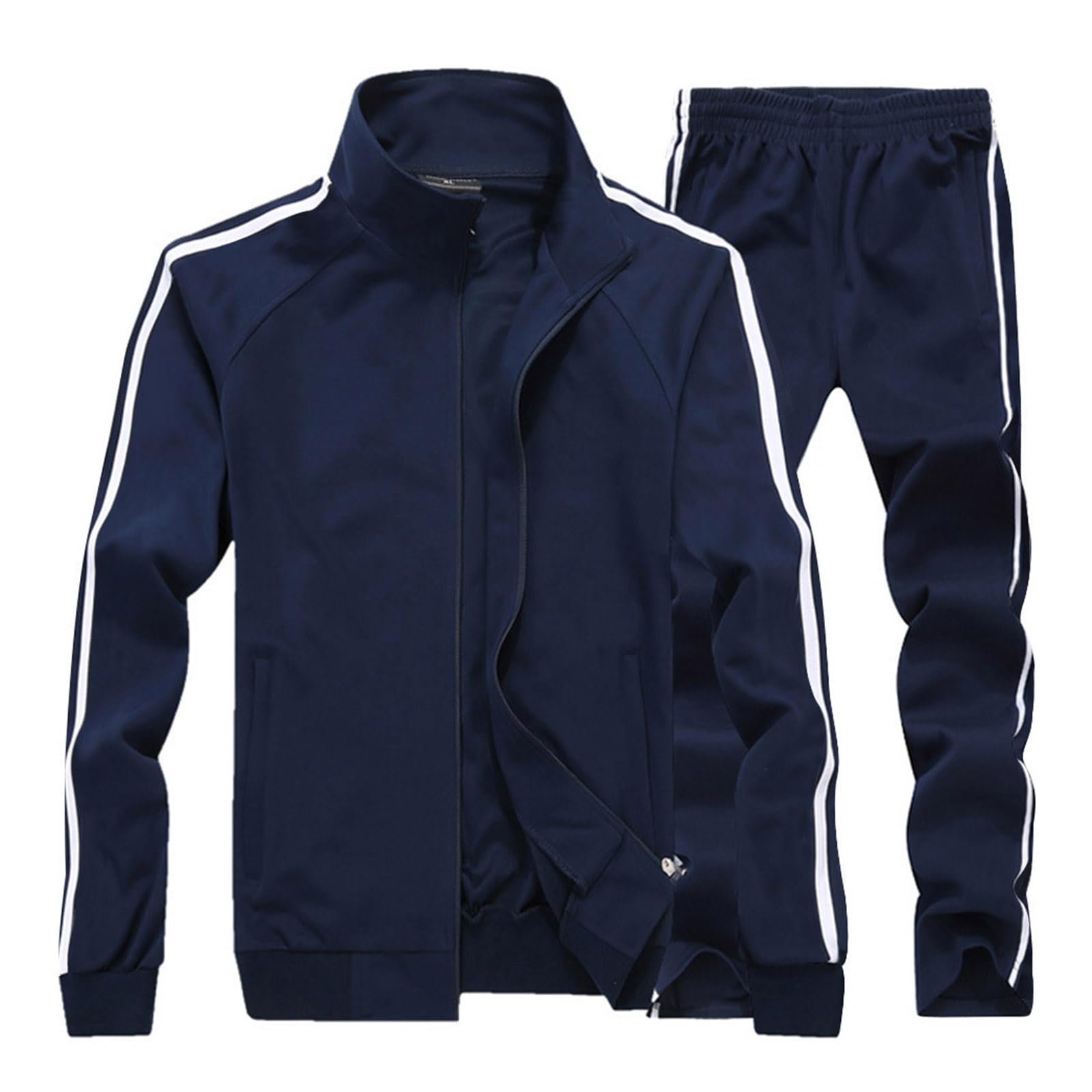 Sun Lorence Men's Casual Sweat Suit Set Full Zip Tracksuit for Jogging Running Sports Navyblue L