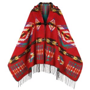 uyuni women's bohemian casual hooded shawl fringe poncho cashmere loose plaid cape vintage geometric patterned cardigan