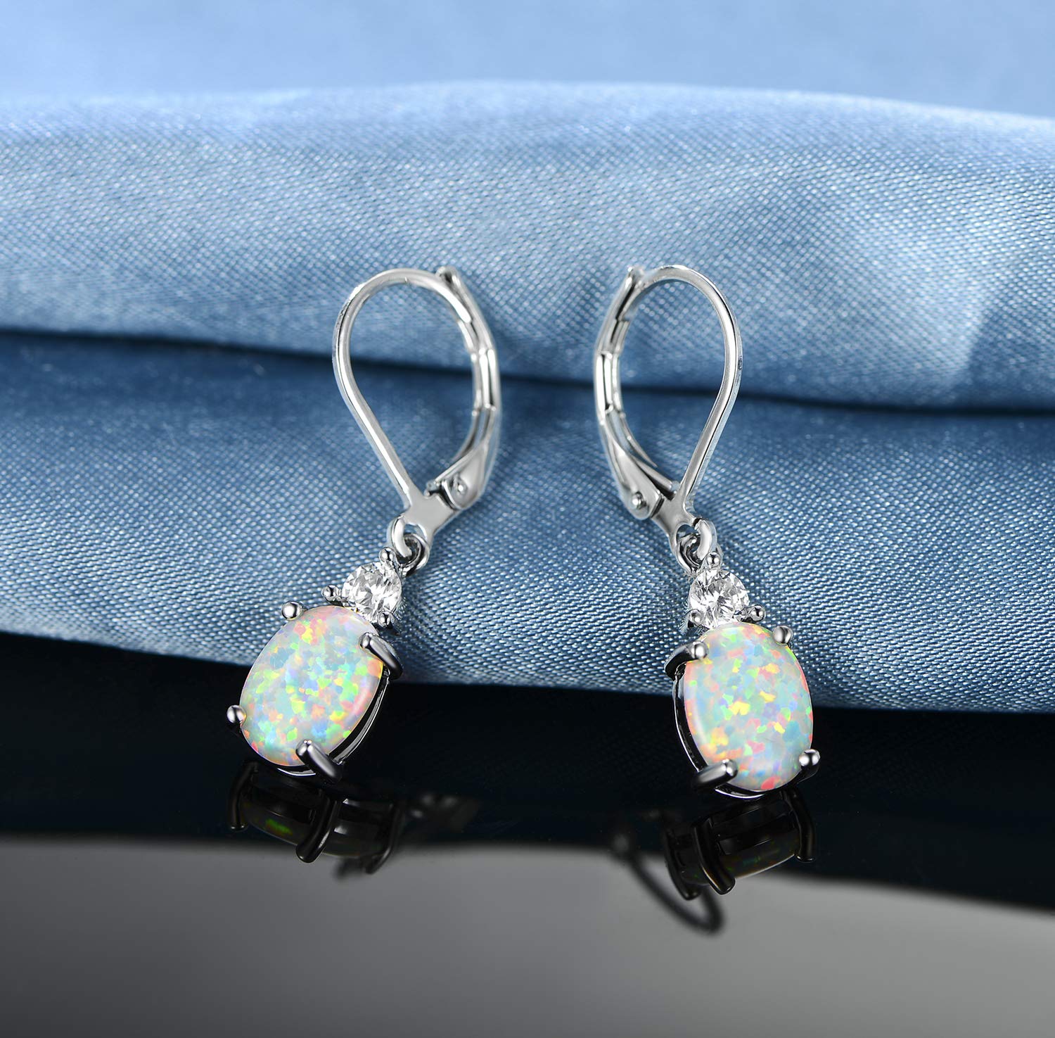 18K White Gold Plated Created Opal and Cubic Zirconia Dangle Earrings for Women