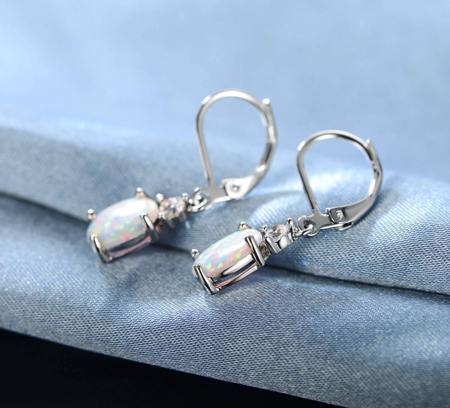 18K White Gold Plated Created Opal and Cubic Zirconia Dangle Earrings for Women