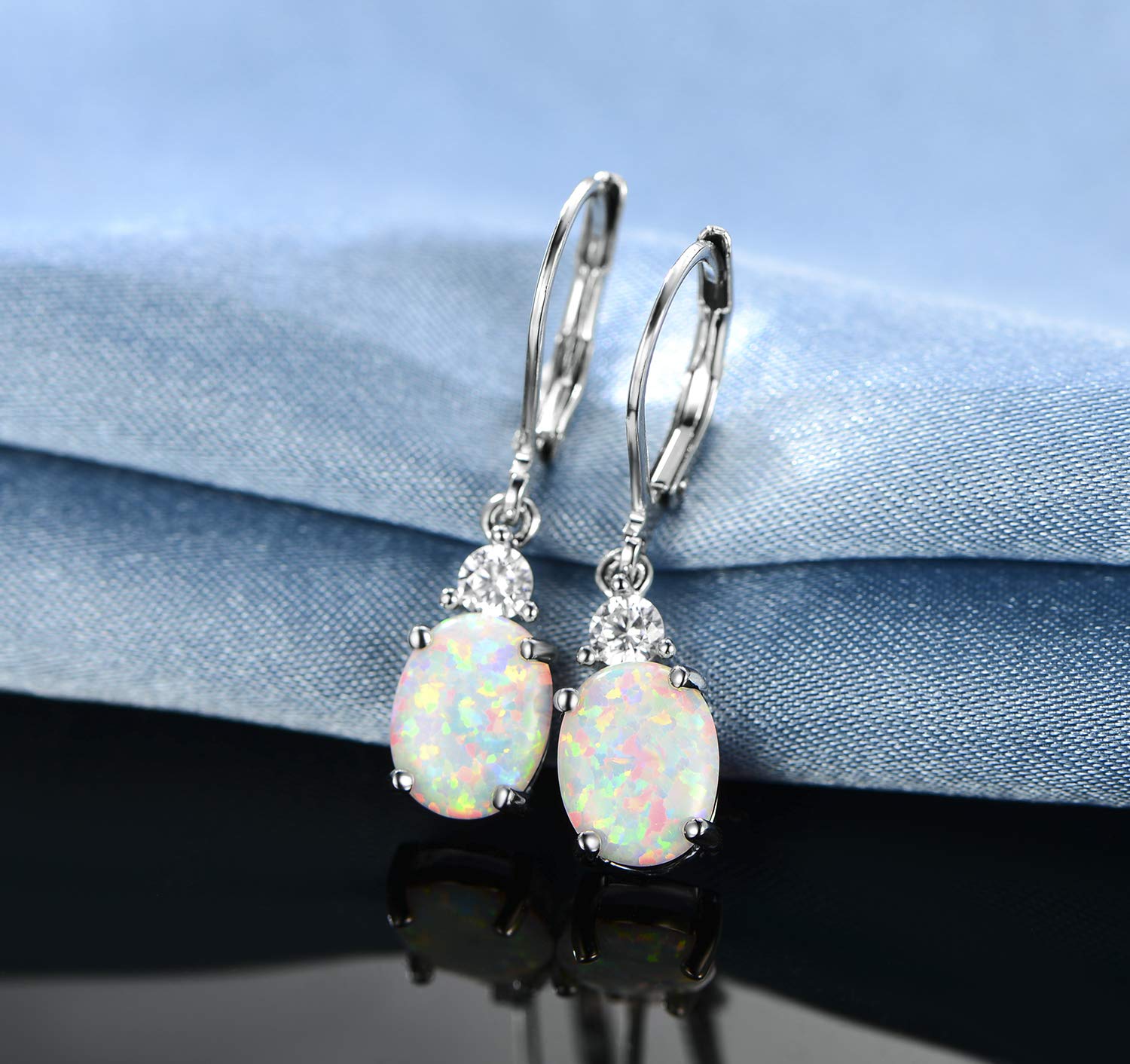 18K White Gold Plated Created Opal and Cubic Zirconia Dangle Earrings for Women