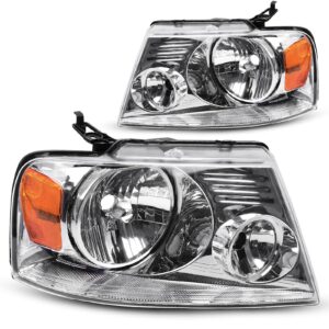 dwvo headlight assembly compatible with 2004 2005 2006 2007 2008 ford f150 pickup 2006 2007 2008 lincoln mark lt passenger and driver side chrome housing amber reflector