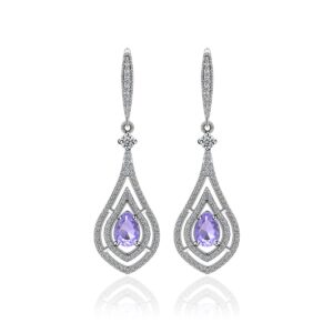 amethyst dangle earrings for women - long silver teardrop purple crystal cubic zirconia cz chandelier drop earrings for wedding party prom bridal earring for bride bridesmaids birthstone jewelry