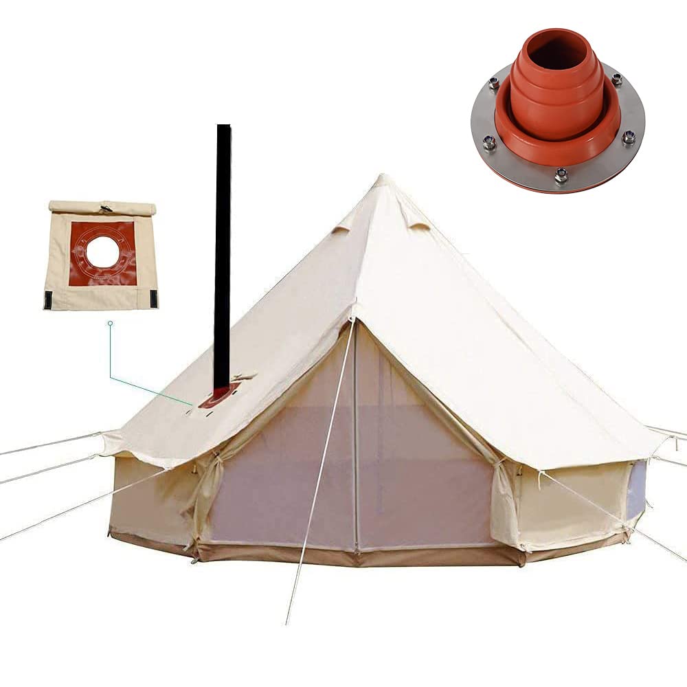 PlayDo 5M/16.4ft Waterproof Cotton Canvas Wall Tent Bell Yurt with Stove Flue Kit for 6-8 Person Camping Hiking Hunting Festival Party