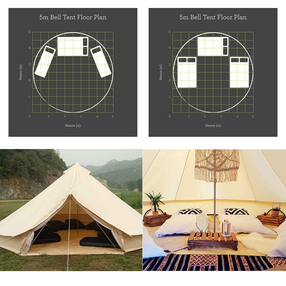 PlayDo 5M/16.4ft Waterproof Cotton Canvas Wall Tent Bell Yurt with Stove Flue Kit for 6-8 Person Camping Hiking Hunting Festival Party