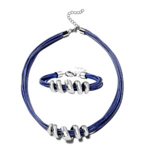 shop lc delivering joy costume jewelry set blue faux leather choker necklace for women cuff bracelet cord spiral stainless steel adjustable lobster claw tribal 7" 16" birthday gifts for women