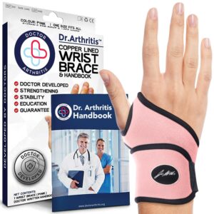 dr. arthritis doctor developed premium wrist support/strap/wrist brace/hand support doctor written handbook— wrist injuries, joint disease, sprains & more (single, pink)